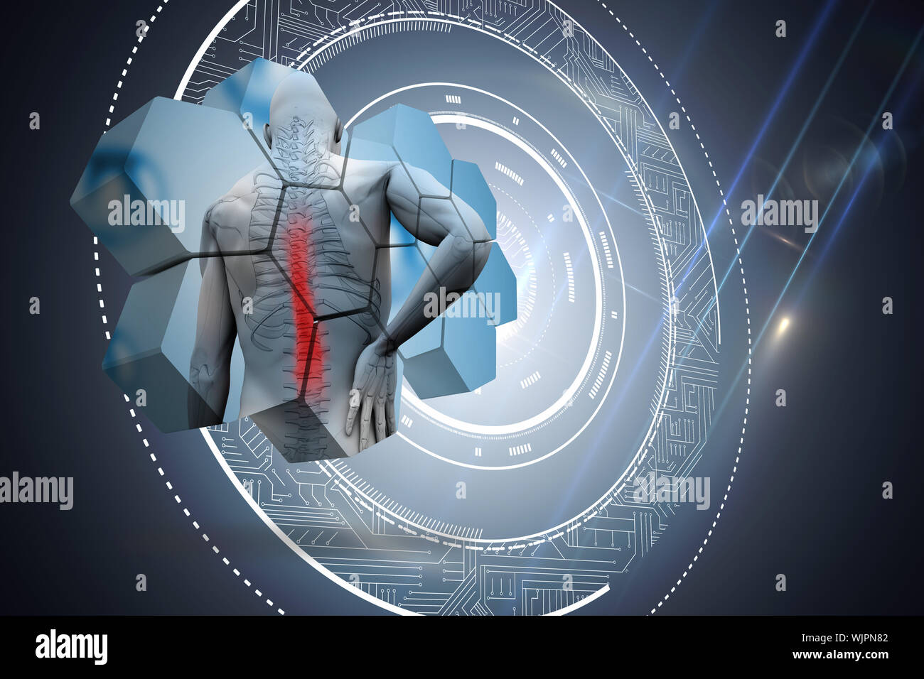 Back injury diagram on abstract screen against black background with ...