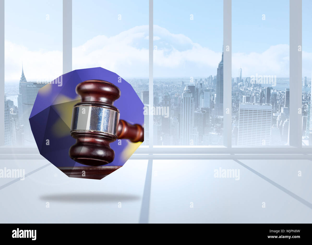 Hammer and gavel on abstract screen against bright white room with ...