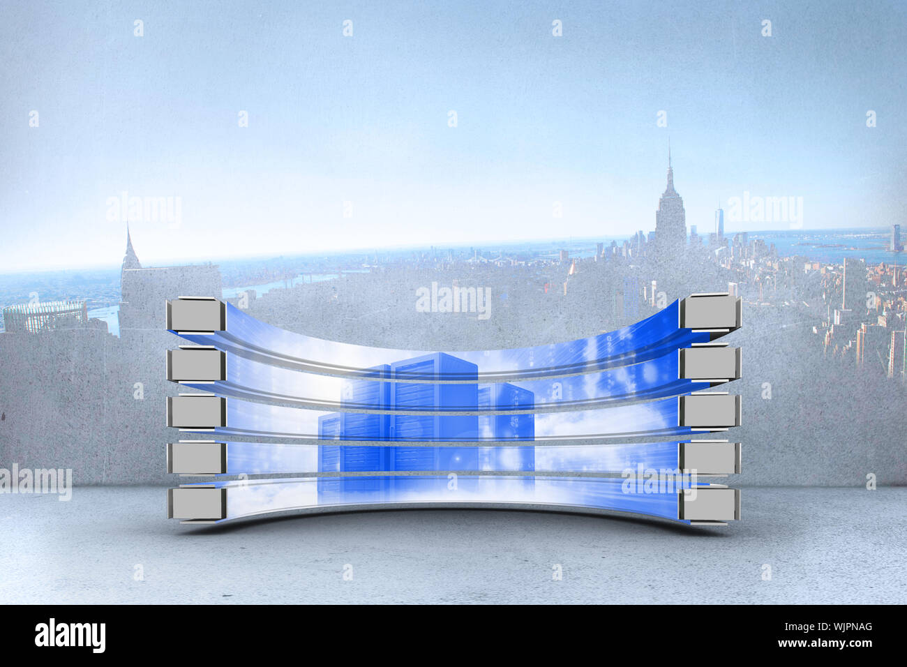 Server Tower On Abstract Screen Against City Scene In A Room Stock