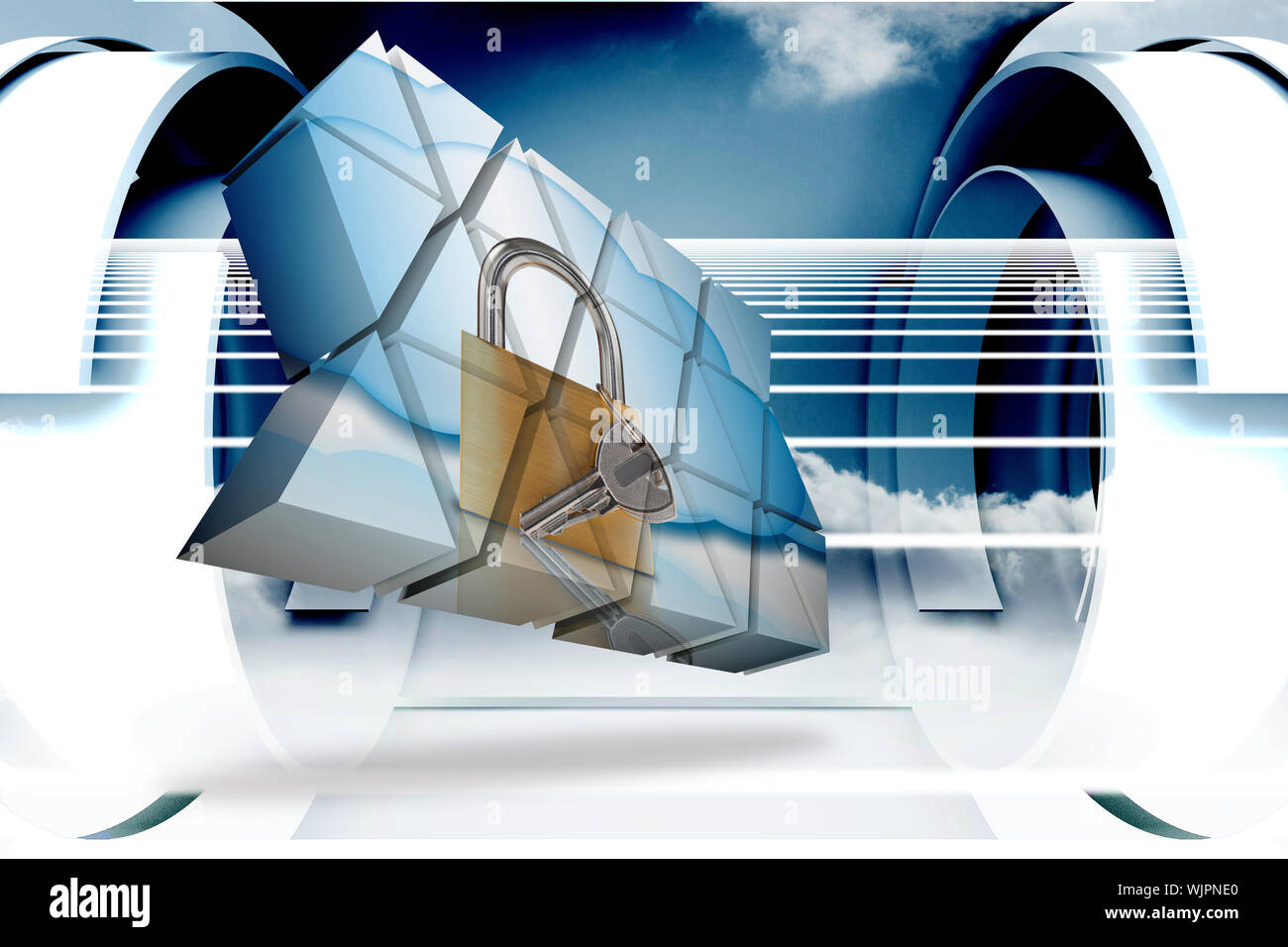 Lock and key on abstract screen against abstract cloud design in ...