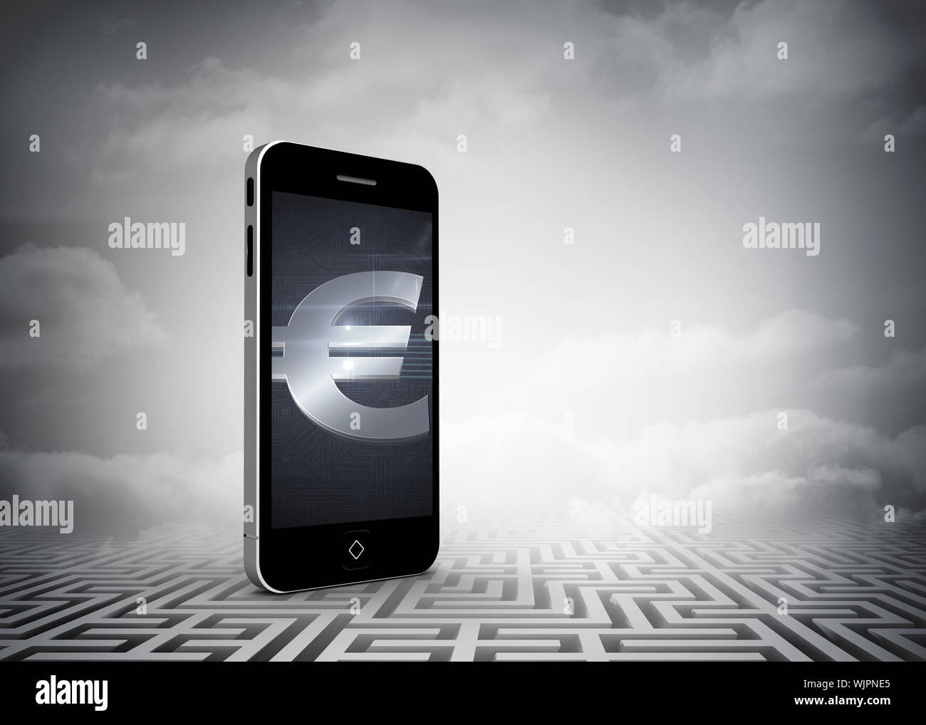 Euro sign on smartphone screen against maze ending in cloudy sky Stock ...