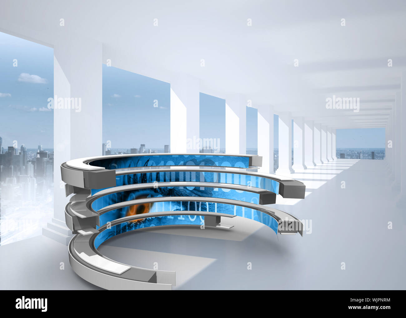 Binary code on abstract screen against bright white hall with columns ...