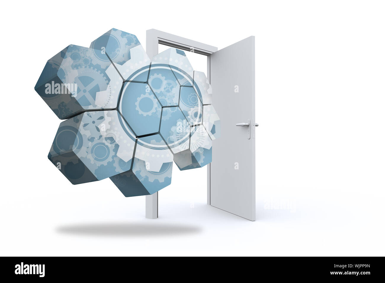 Composite image of cogs and wheels on abstract screen against door ...