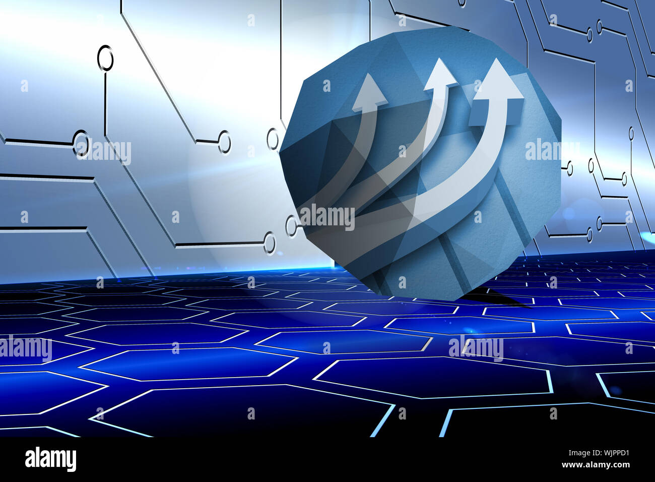 Arrows on abstract screen against arrow on technological background ...