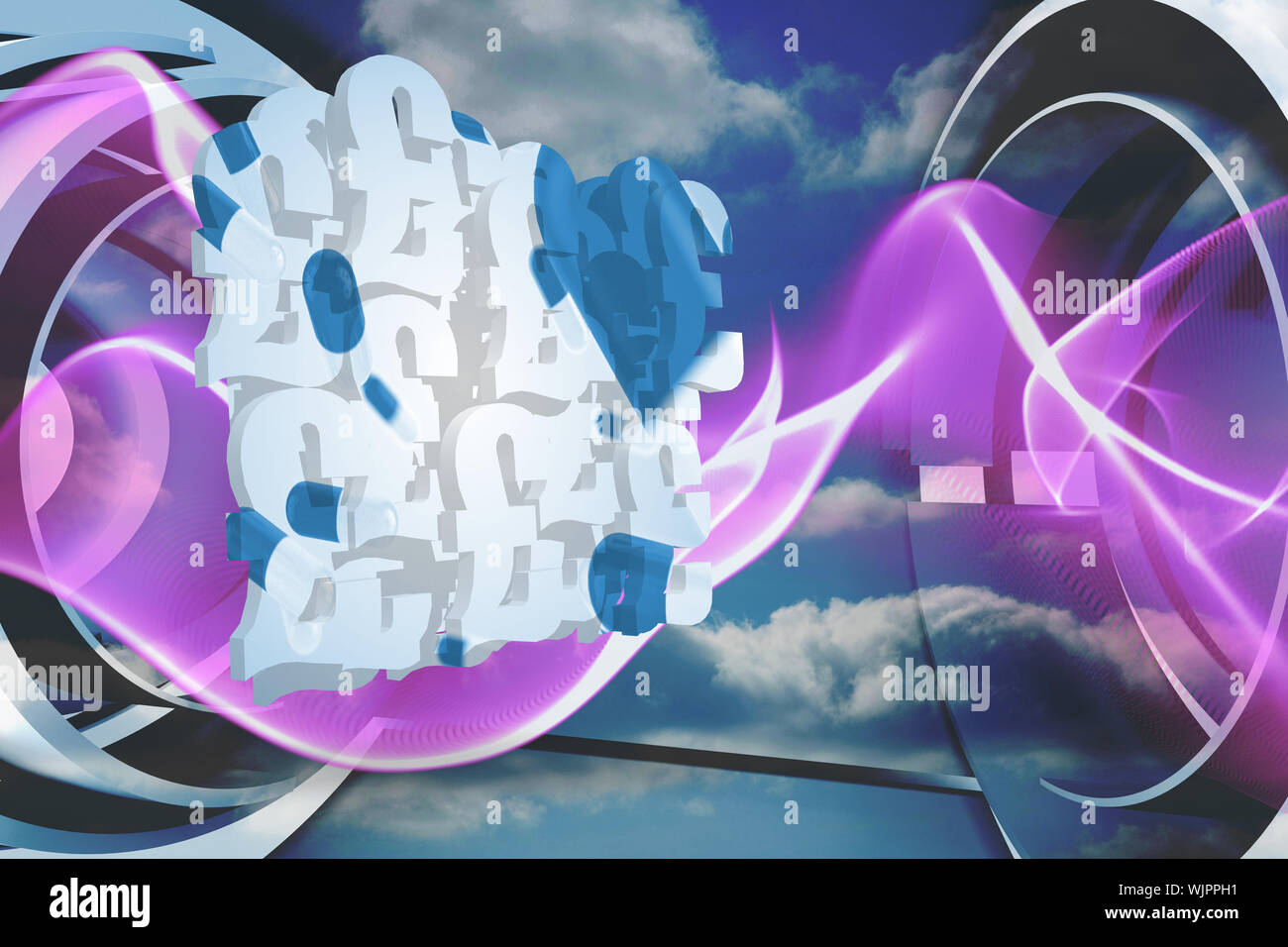 Blue balloons on abstract screen against purple wave design on blue sky ...