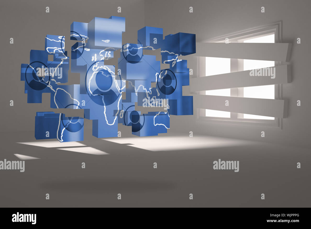 Earth interface on abstract screen against digitally generated room ...