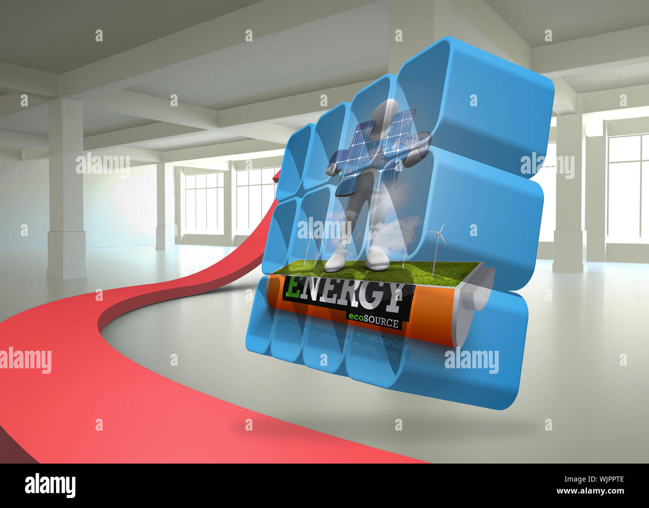 Energy graphic on abstract screen against red arrow in white room Stock ...