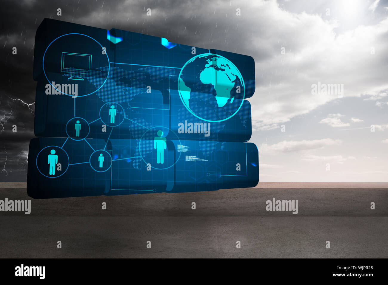 Earth interface on abstract screen against balcony and stormy sky Stock ...