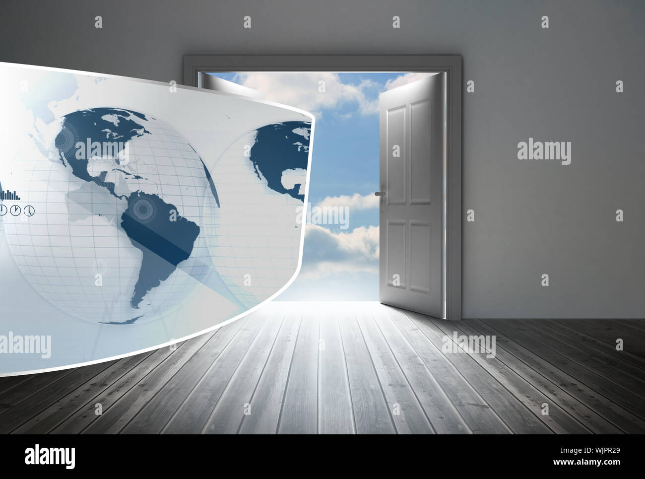 Earth interface on abstract screen against open big door on wall Stock ...