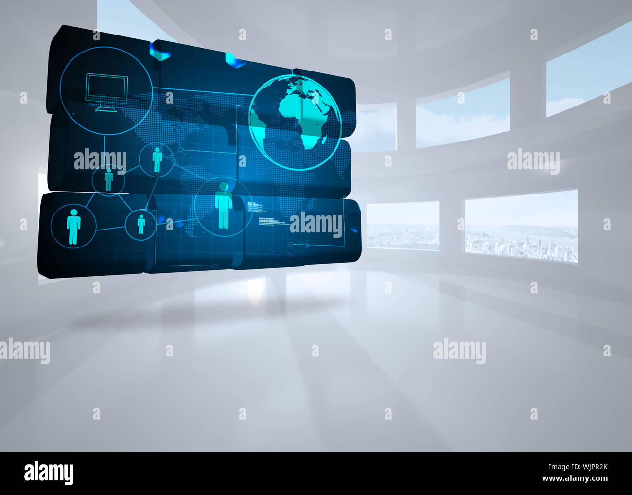 Earth interface on abstract screen against bright white room with ...