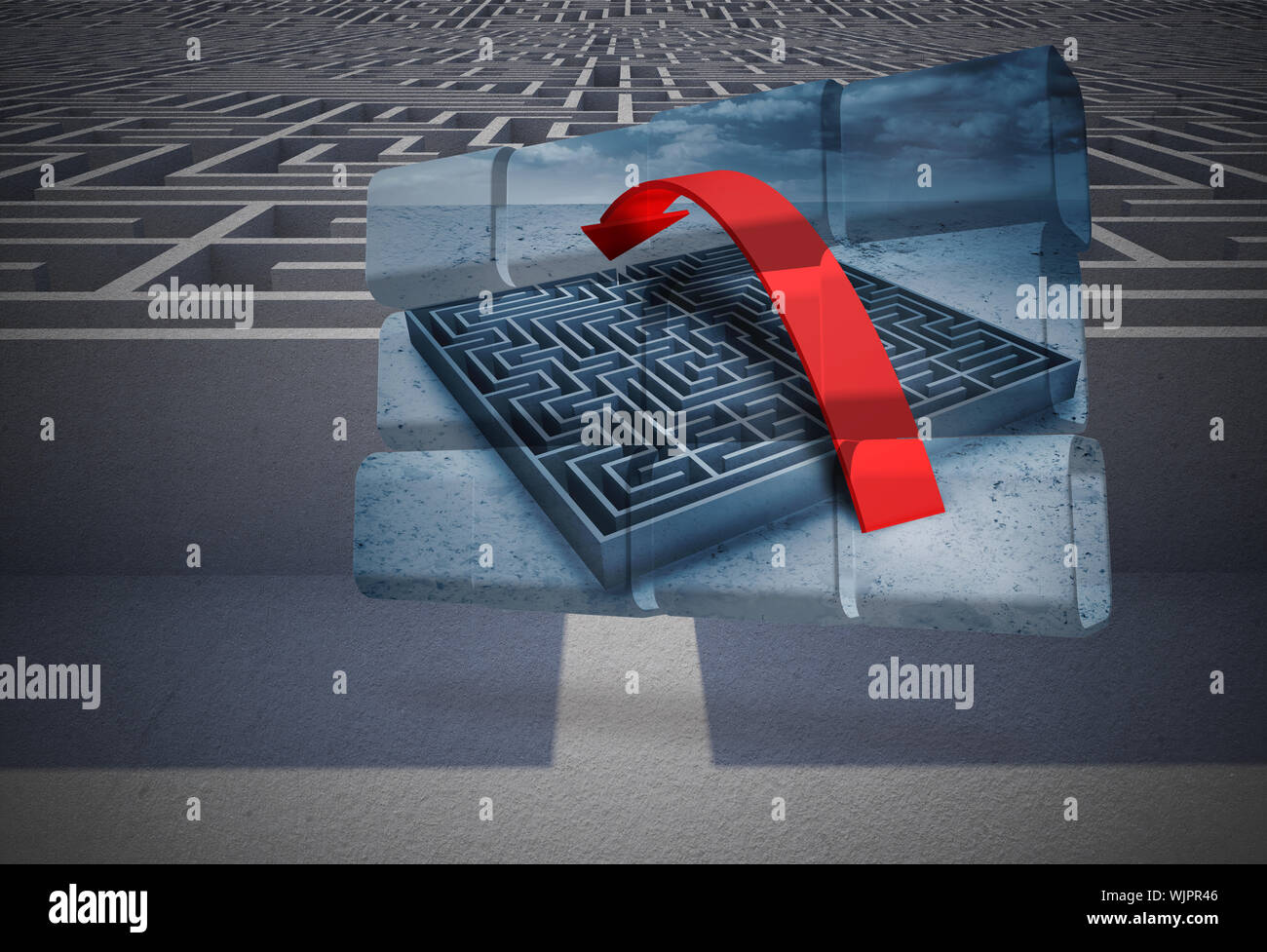 Arrow over maze on abstract screen against entrance to difficult maze ...