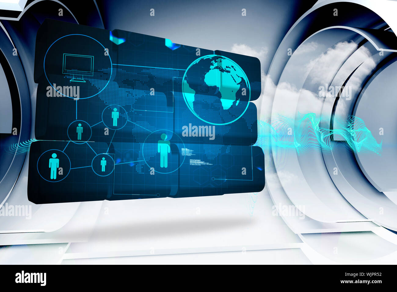 Earth interface on abstract screen against abstract blue design on ...