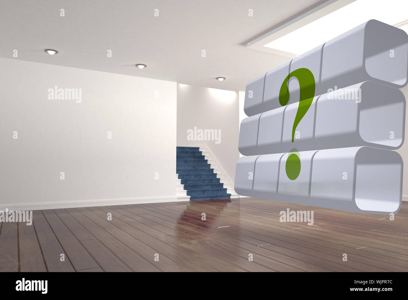 Question mark on abstract screen against digitally generated room with ...