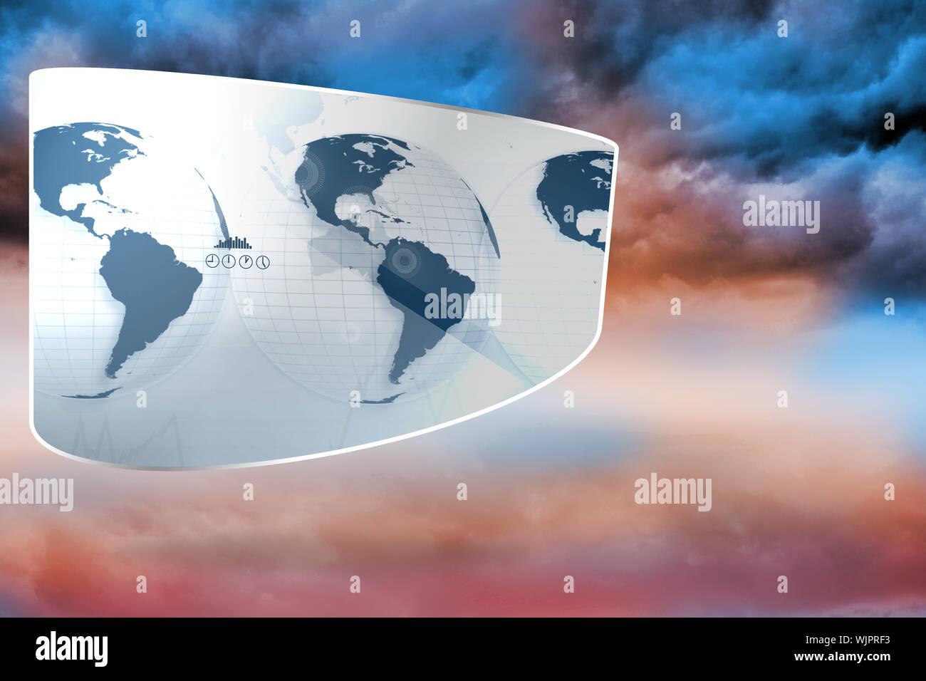 Earth interface on abstract screen against blue orange cloudy sky ...