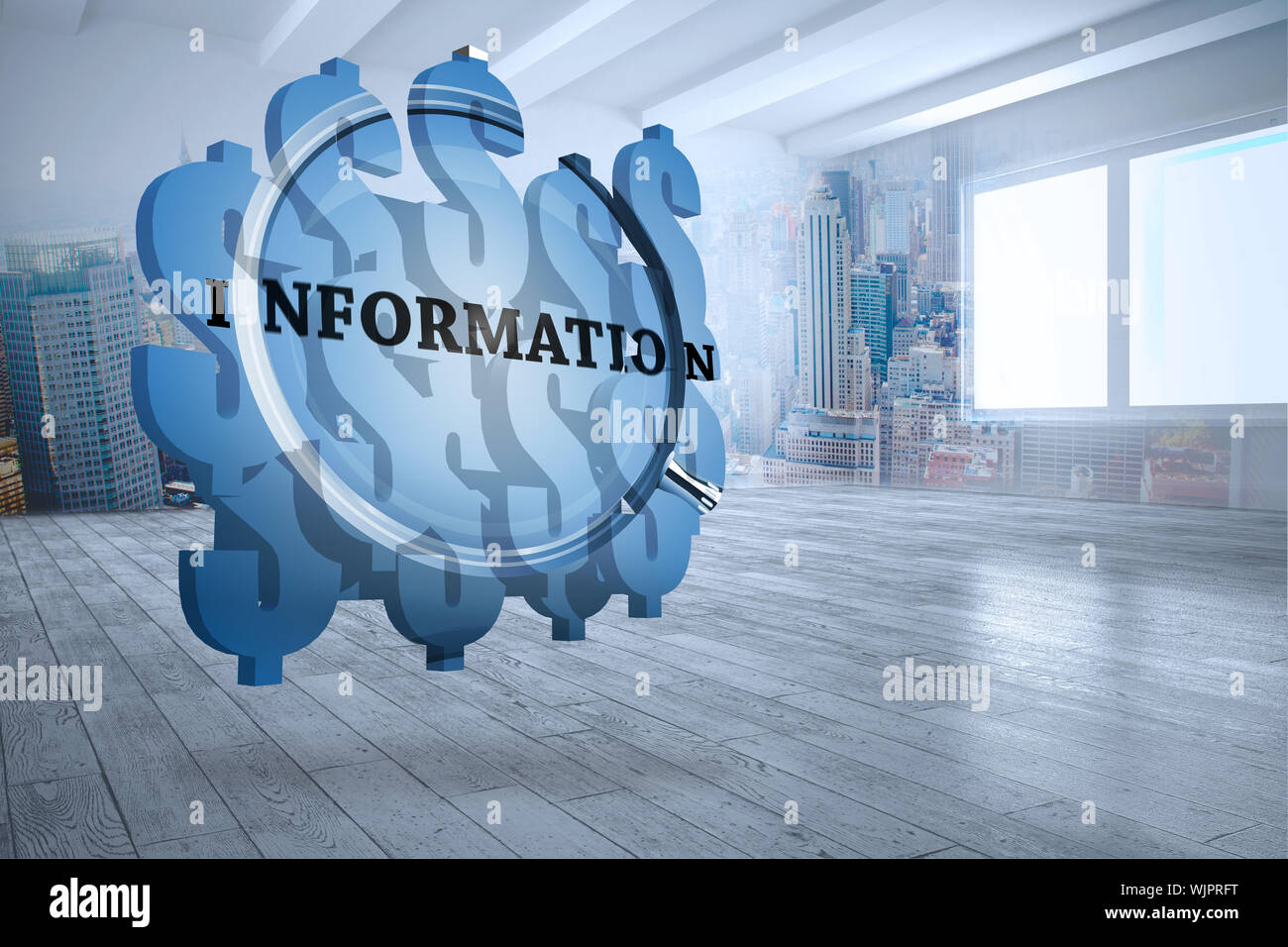 Information text on abstract screen against city scene in a room Stock ...