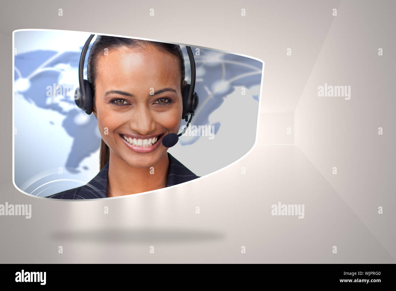 Call centre agent on abstract screen against digitally generated room ...