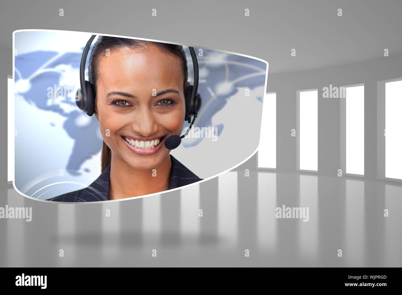 Call centre agent on abstract screen against bright room with windows ...