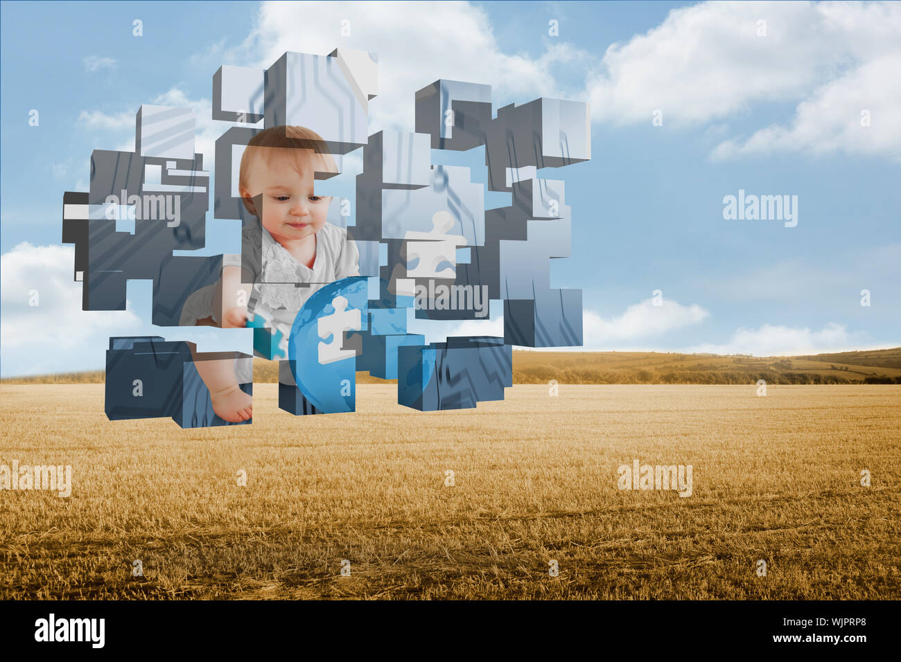 Baby genius on abstract screen against bright brown landscape Stock ...