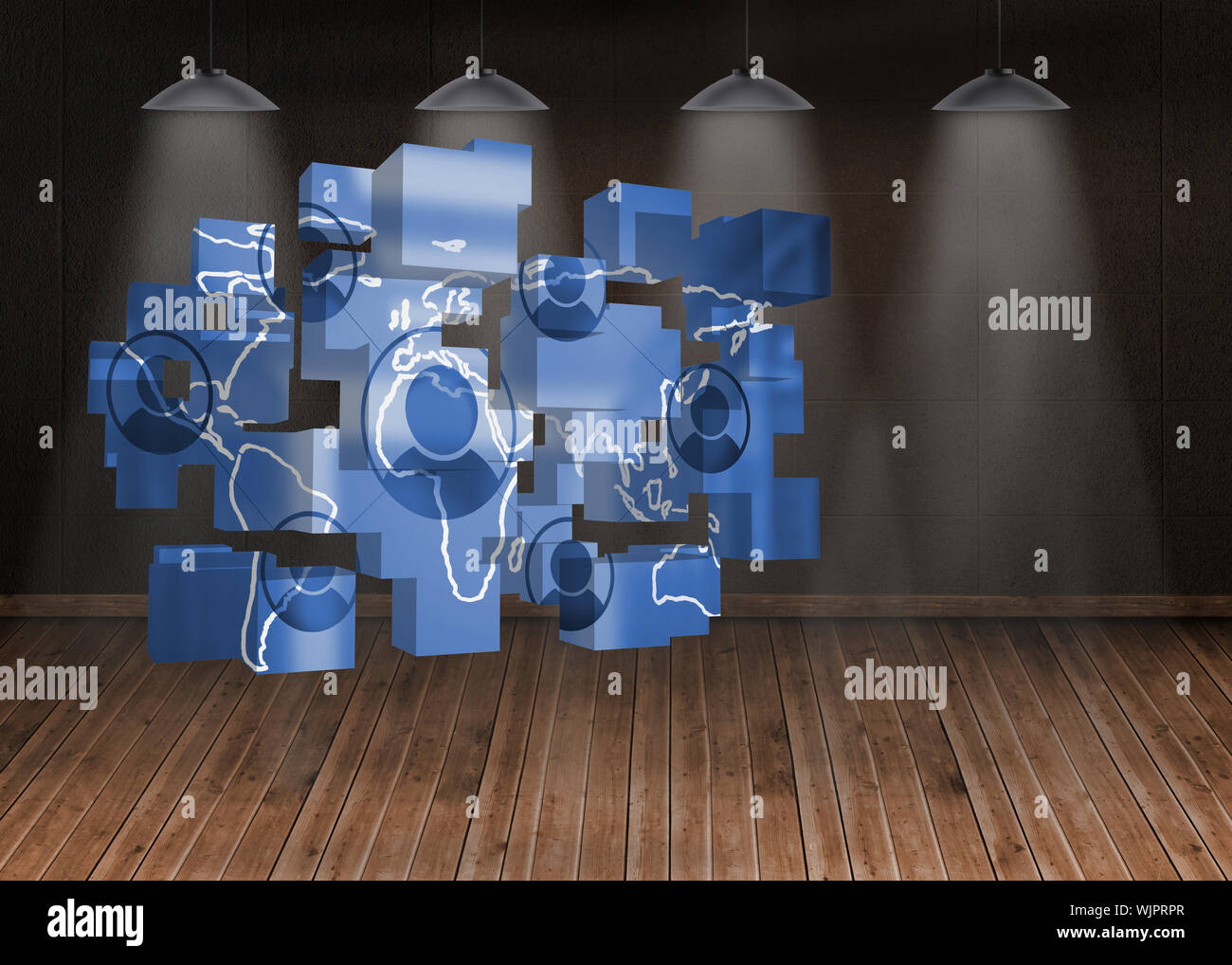 Earth interface on abstract screen against dark room with floorboards ...