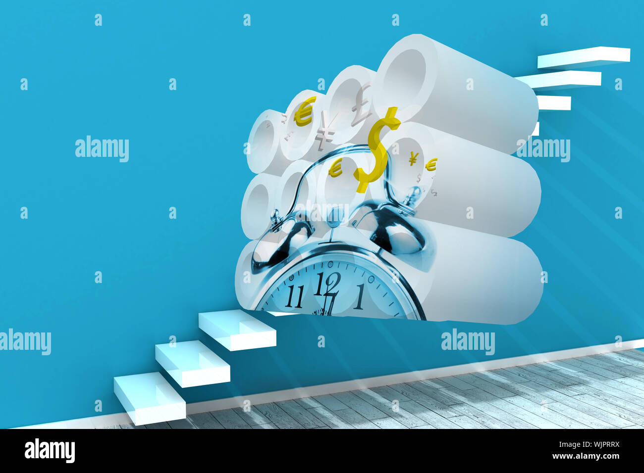 Time is money concept on abstract screen against white steps on a blue ...