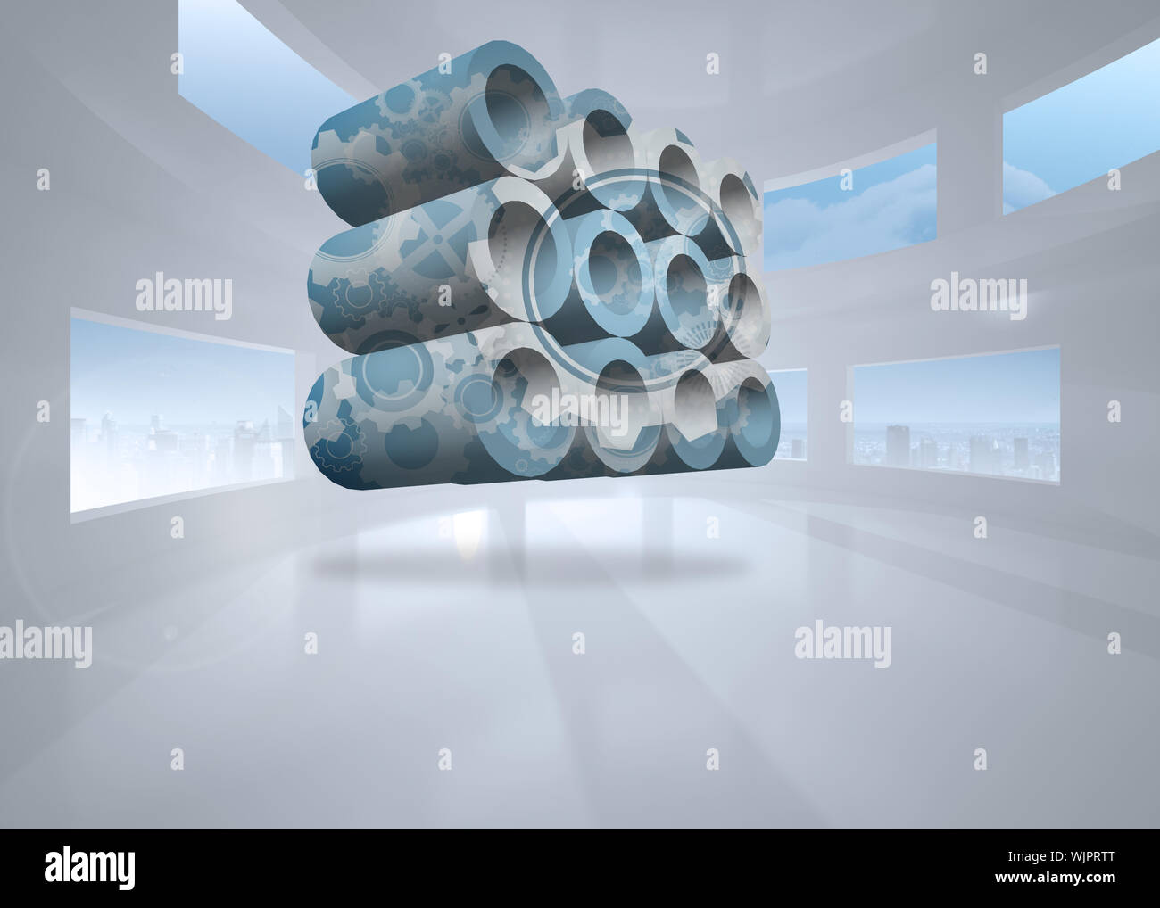 Cogs and wheels on abstract screen against bright white room with ...