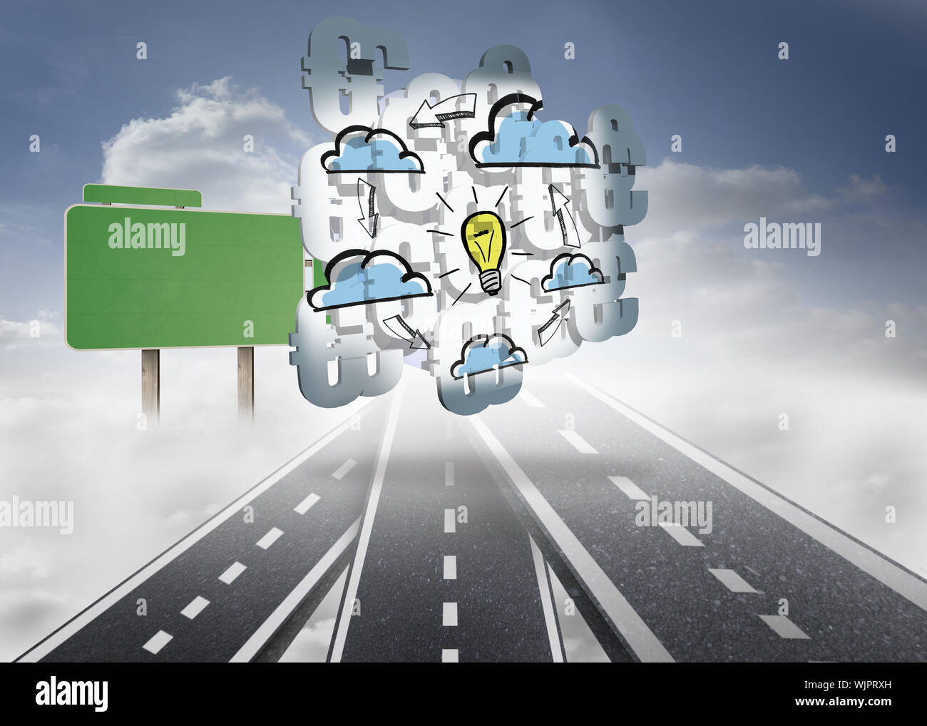 Light bulb and clouds on abstract screen against roads over clouds with ...