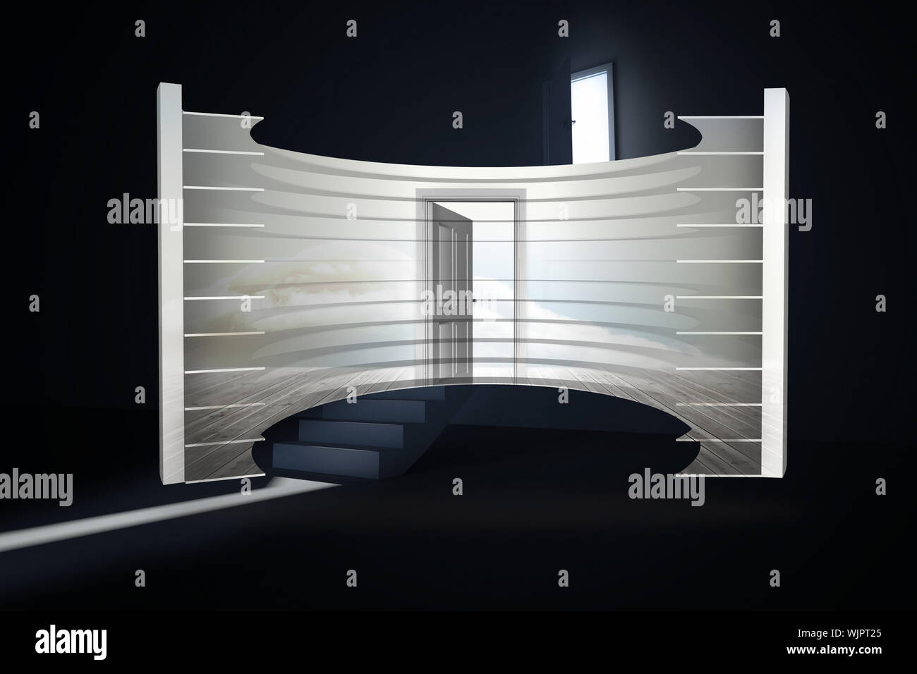 Open door in clouds on abstract screen against door opening revealing ...