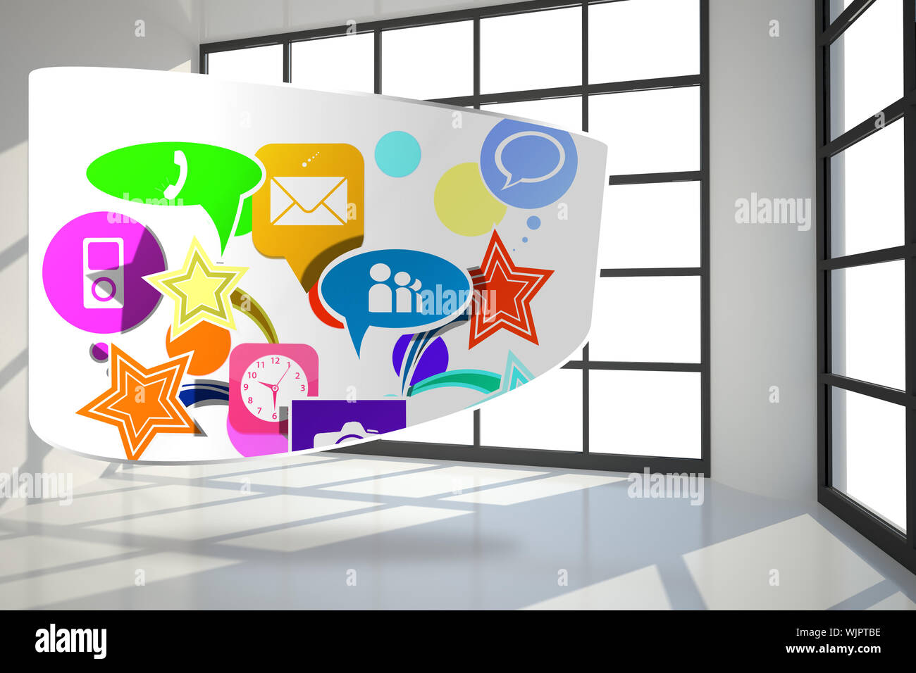 Colourful apps on abstract screen against bright green room with ...