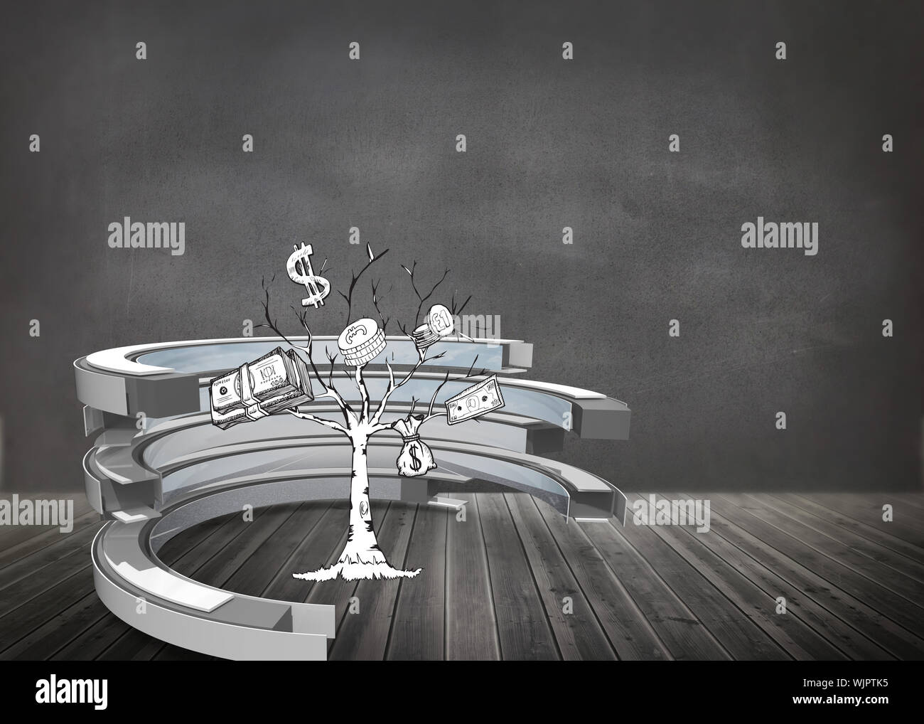 Composite image of money tree in a curved structure against grey room ...