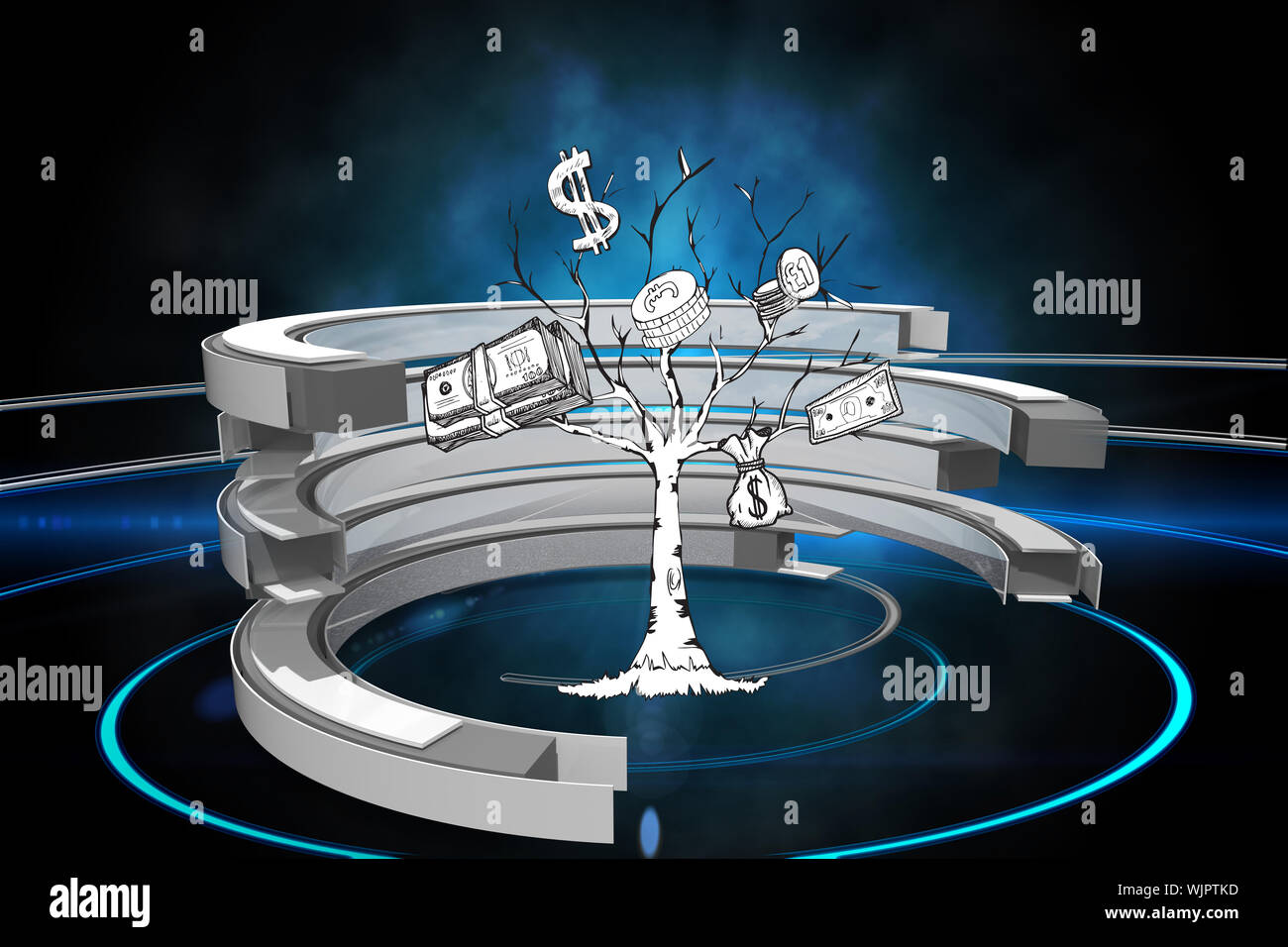 Money tree in a curved structure against black background with glowing ...