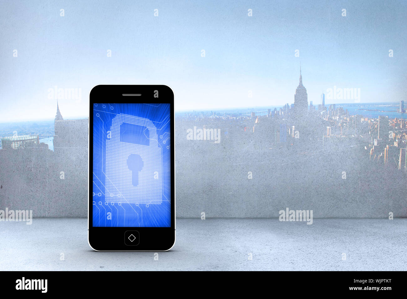 Blue lock on smartphone screen against city scene in a room Stock Photo ...