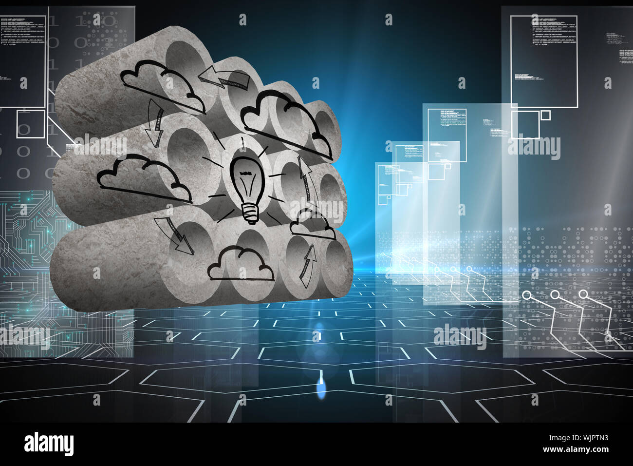 Cloud computing cycle on abstract screen against hologram on black ...