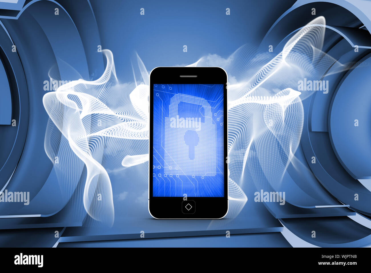 Blue lock on smartphone screen against abstract linear design in blue ...