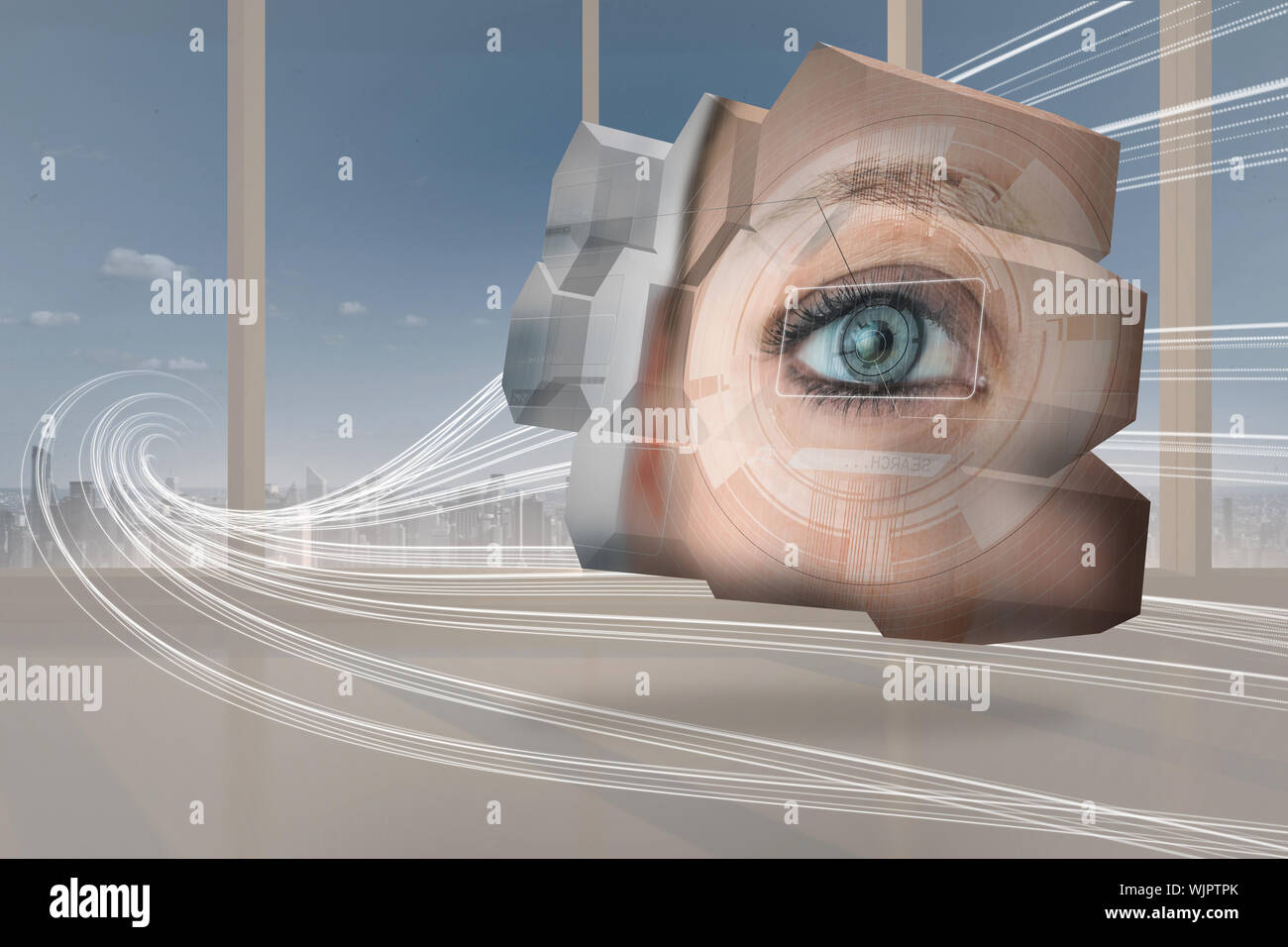 Eye interface on abstract screen against abstract white line design in ... Eye interface on abstract screen against abstract white line design in ...