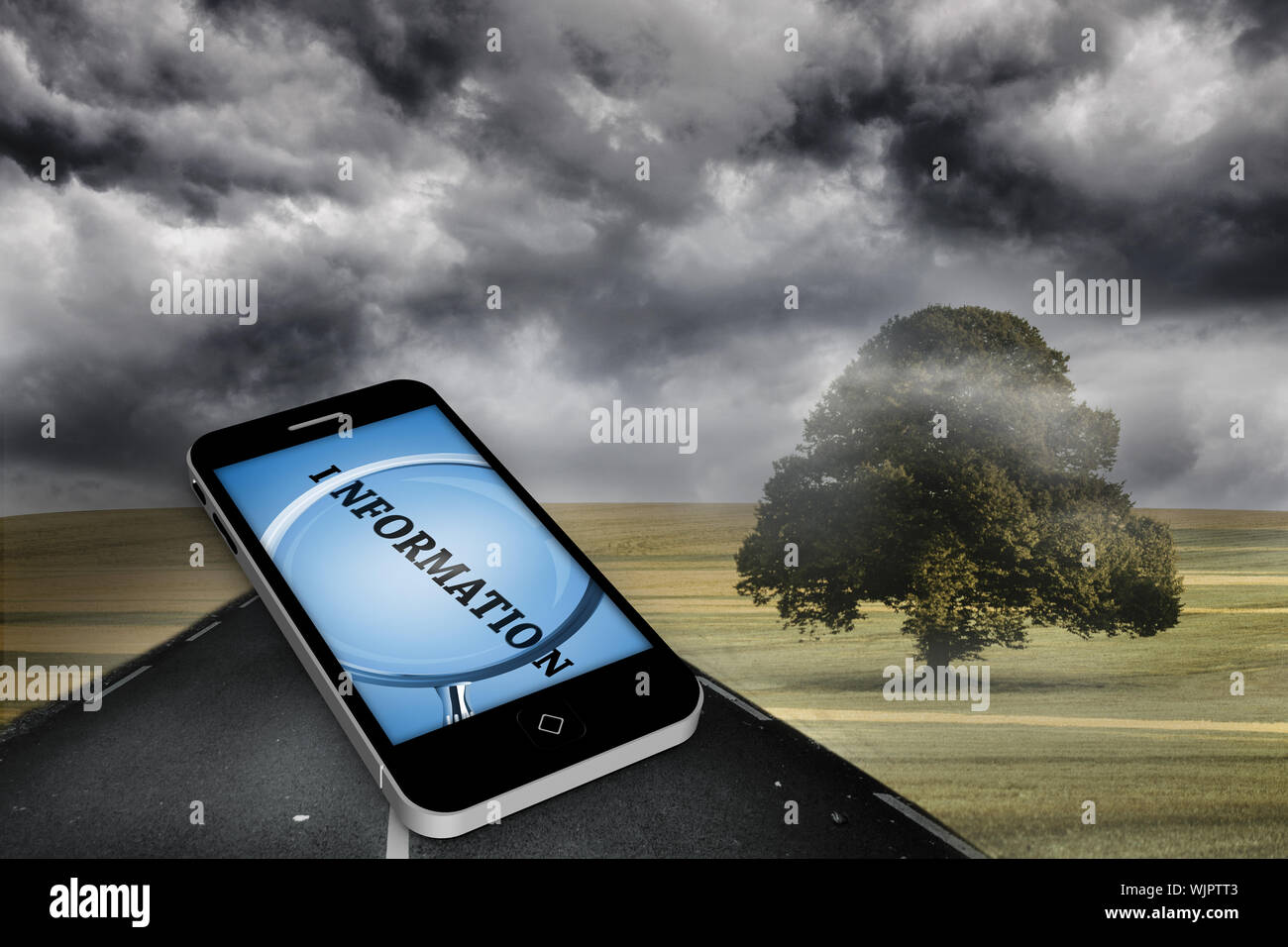 Information on smartphone screen against misty green landscape with ...