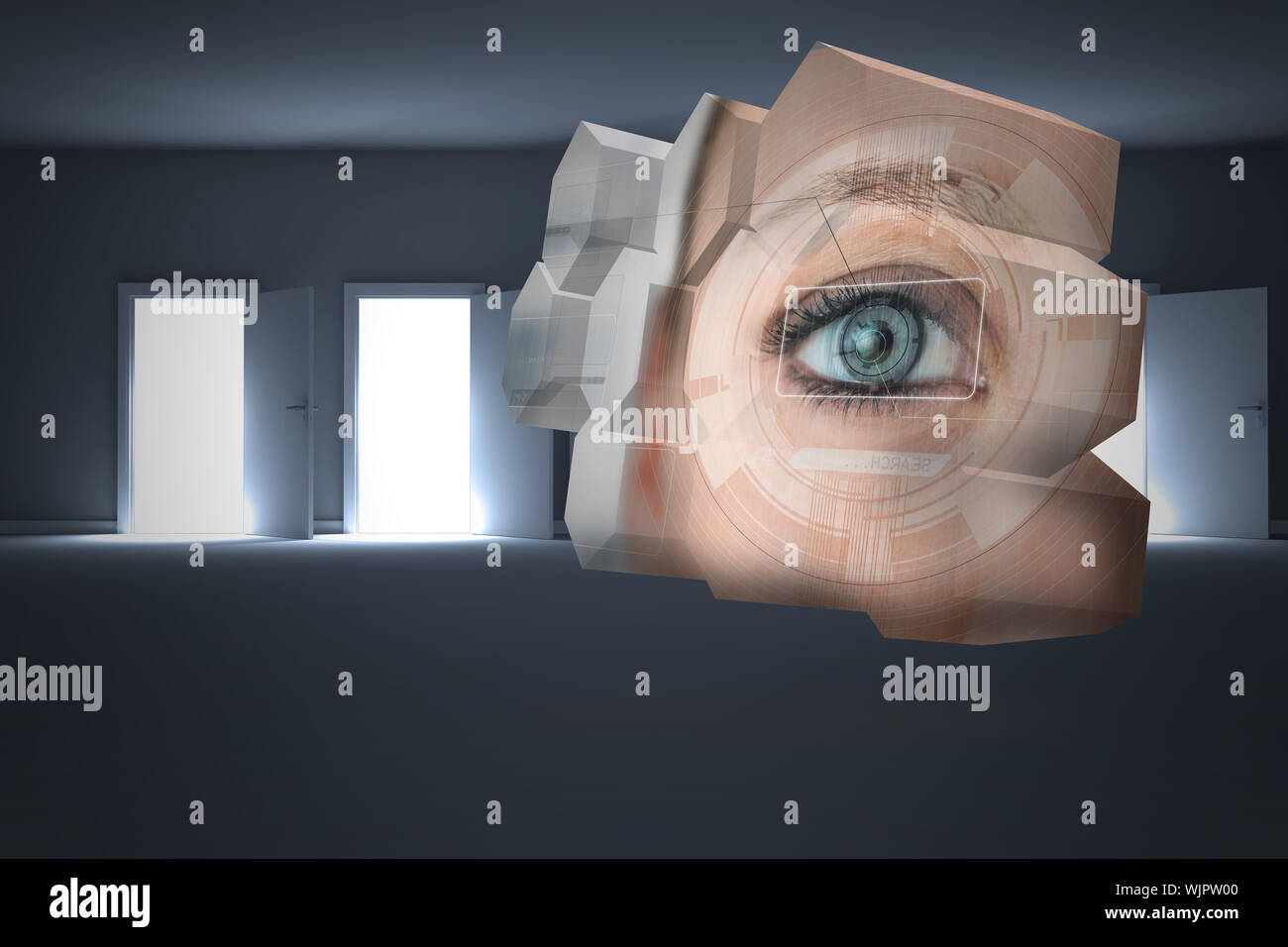 Eye interface on abstract screen against many doors opening revealing ...