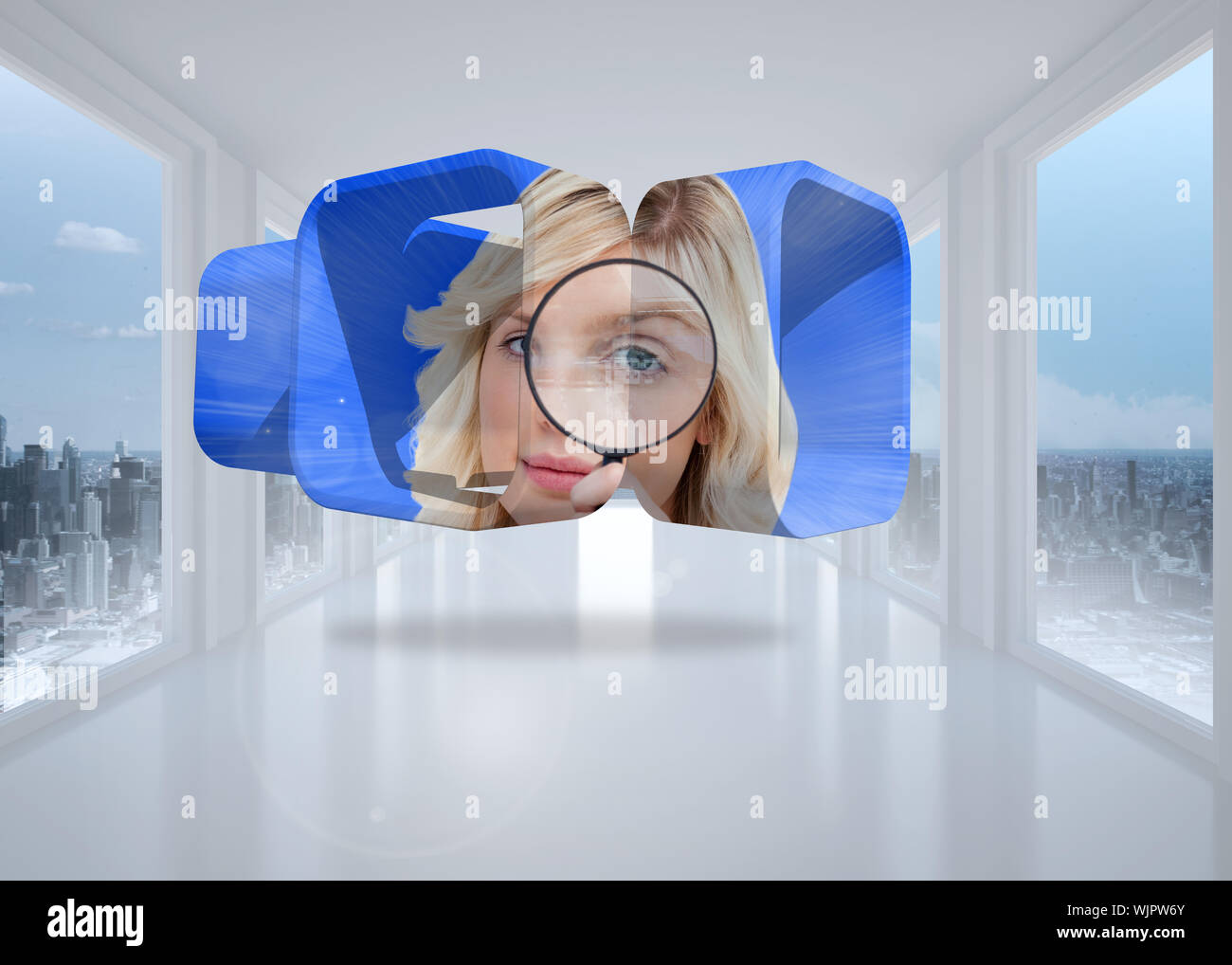 Blonde holding magnifying glass on abstract screen against bright white ...