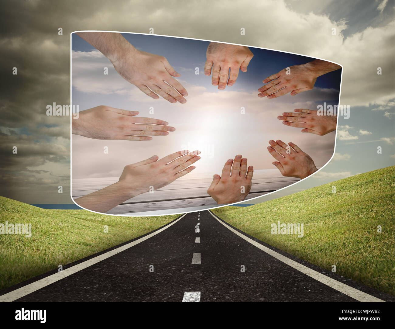 Hands together on abstract screen against city scene in a room Stock ...
