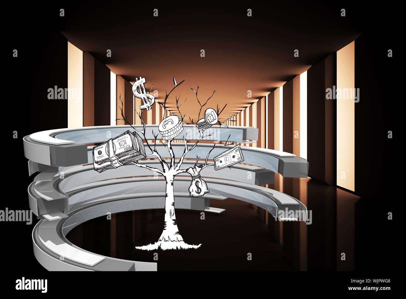 Money tree in a curved structure against lit up black modern hallway ...