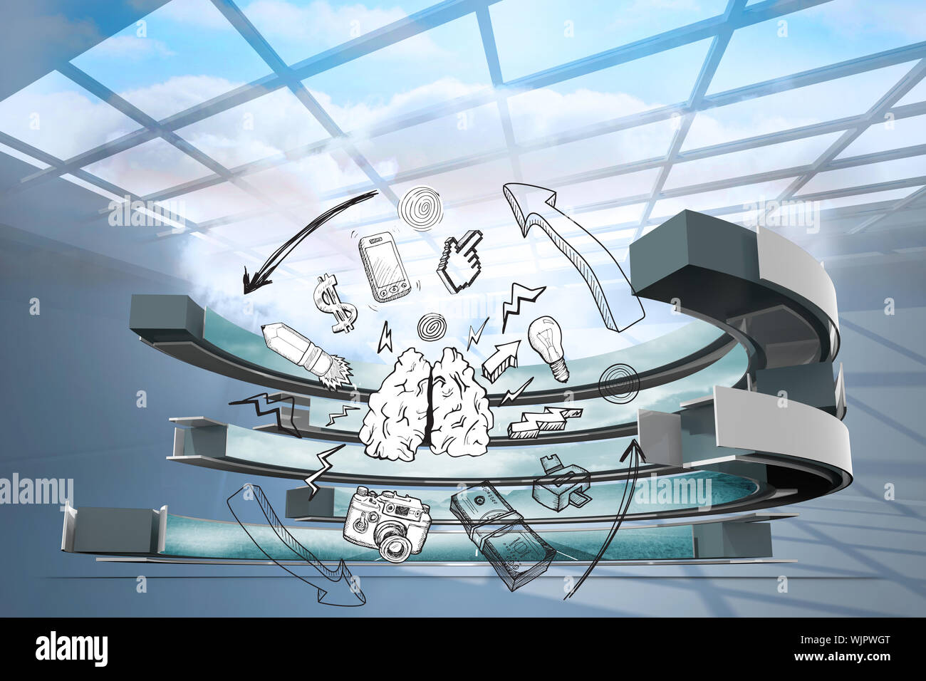 Media brainstorm in a curved structure against room with holographic ...