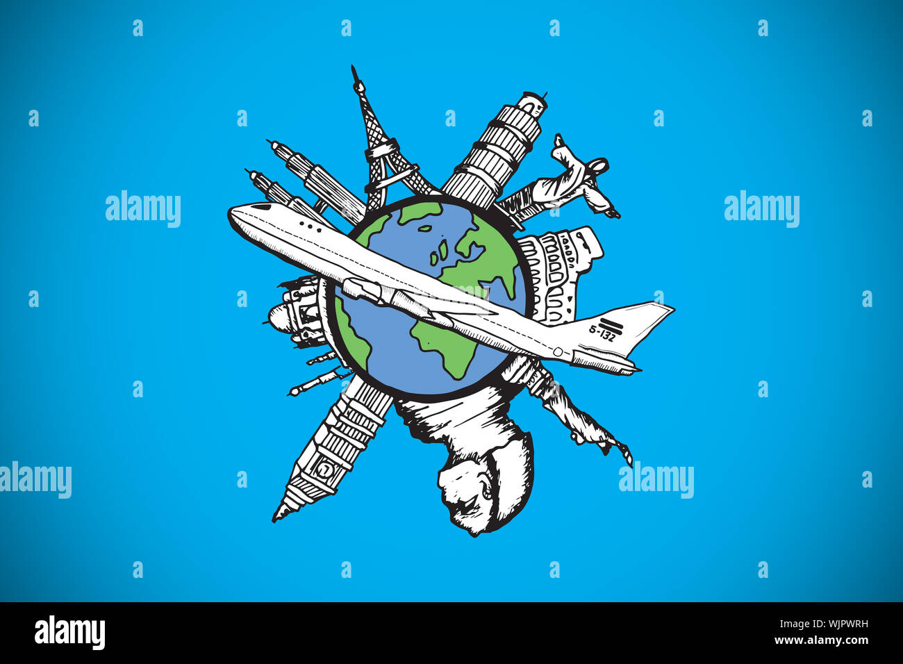 Landmarks of the world with airplane doodle against blue background ...