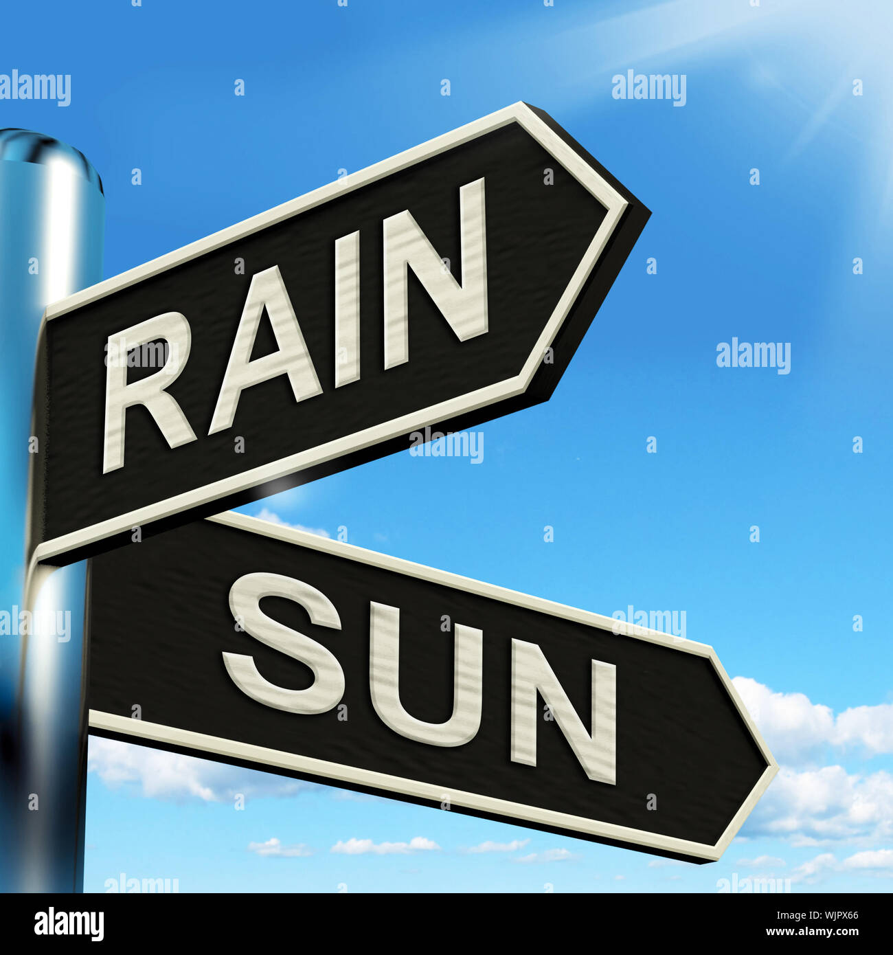 Rain Sun Signpost Showing Rainy Or Good Weather Stock Photo - Alamy