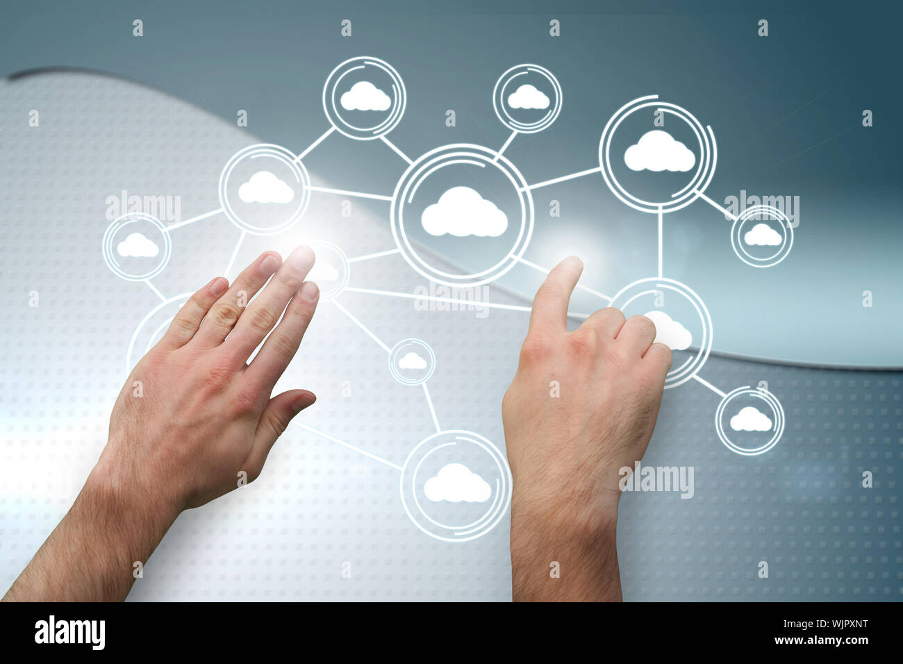 Hands pointing and presenting against wave on futuristic background ...