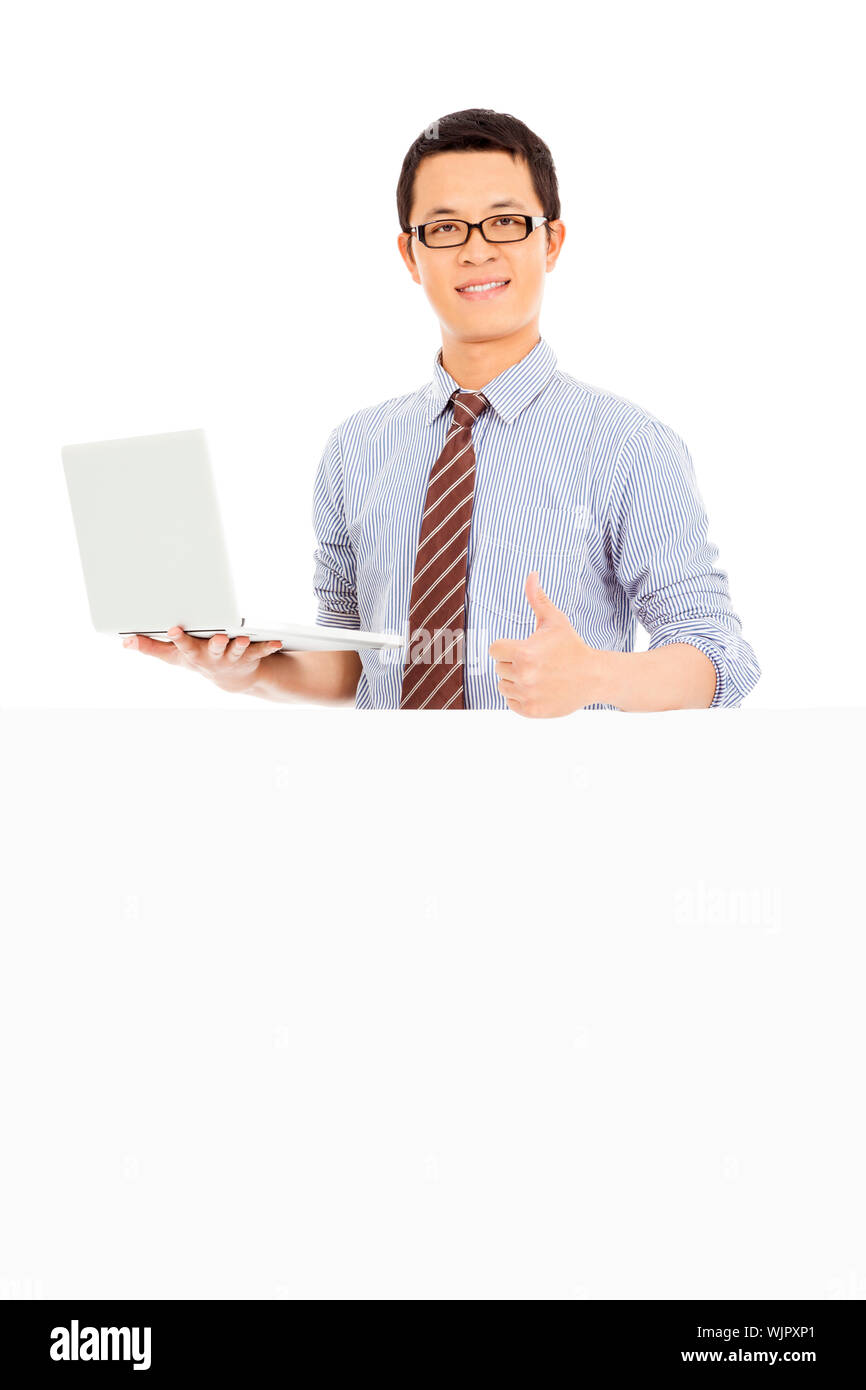 happy computer engineer thumb up with white board Stock Photo - Alamy