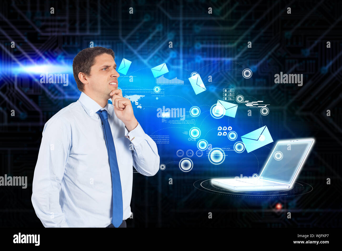 Thinking businessman touching his chin against futuristic black and ...