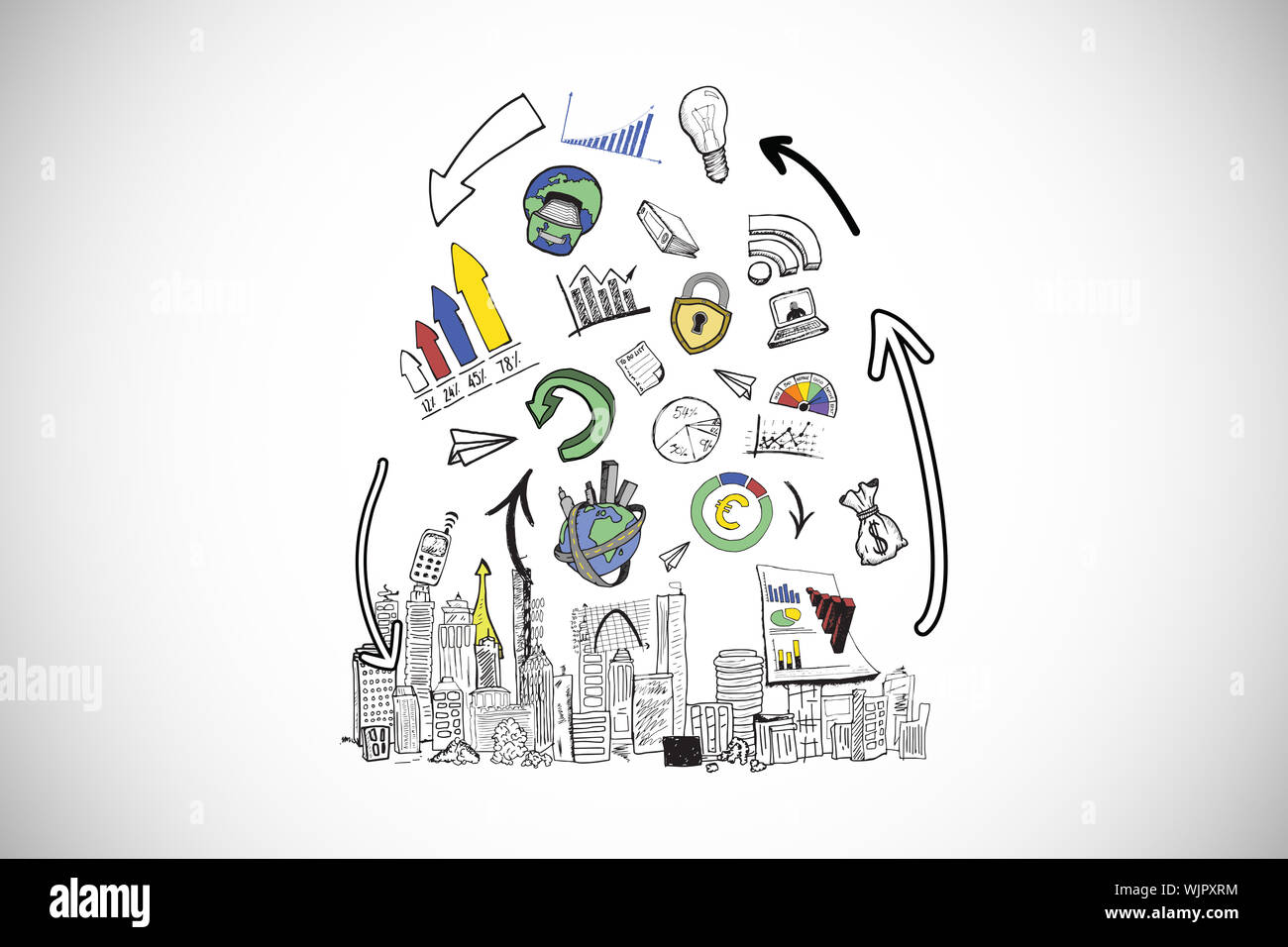 Data analysis doodles over cityscape against white background with ...