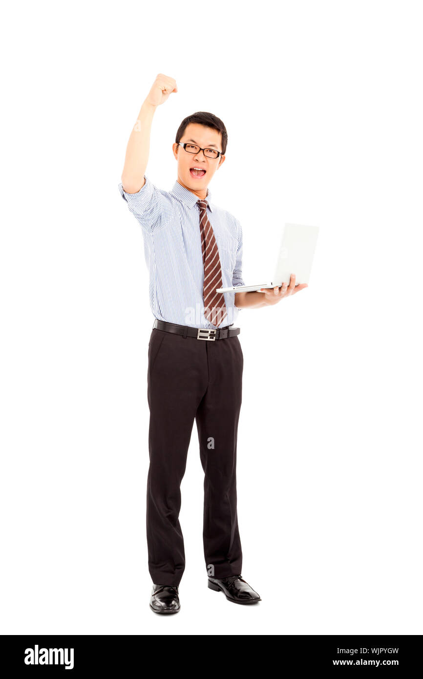 success computer engineer is standing and raise hand Stock Photo - Alamy