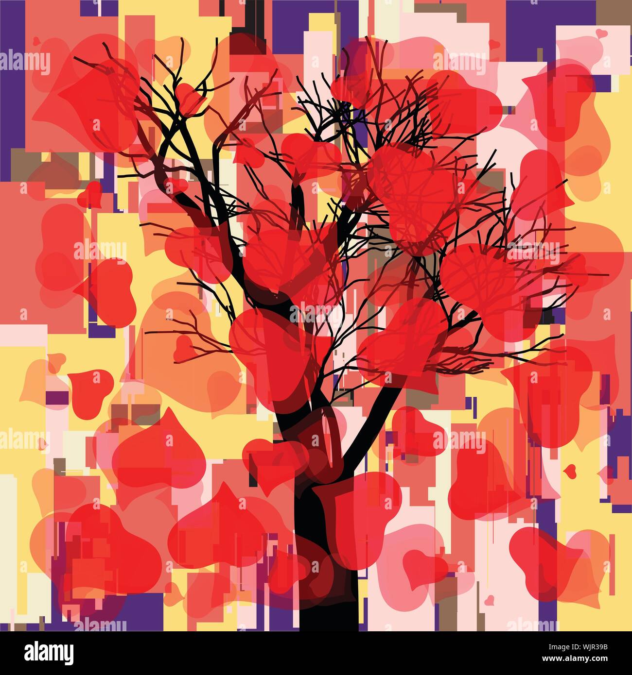 Abstract square fall composition with tree and hearts, geometric shapes ...