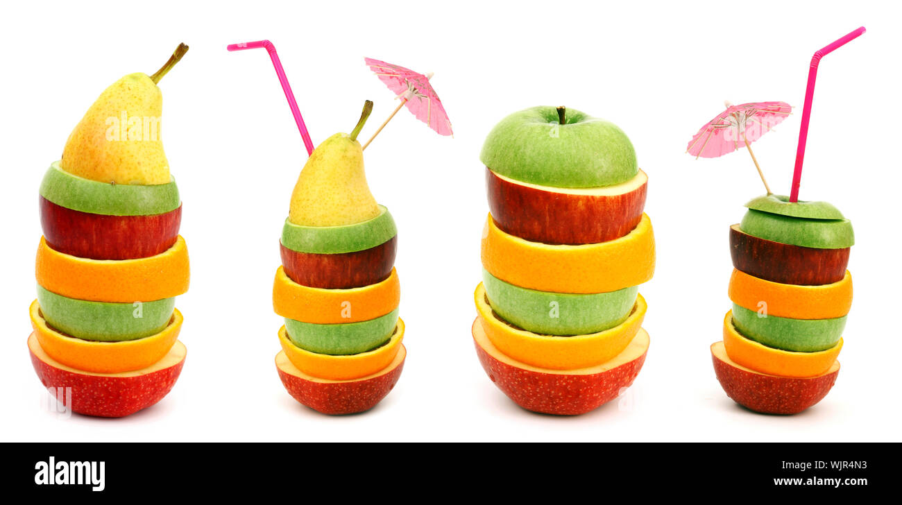 Stack of different fruit slices on white background Stock Photo - Alamy