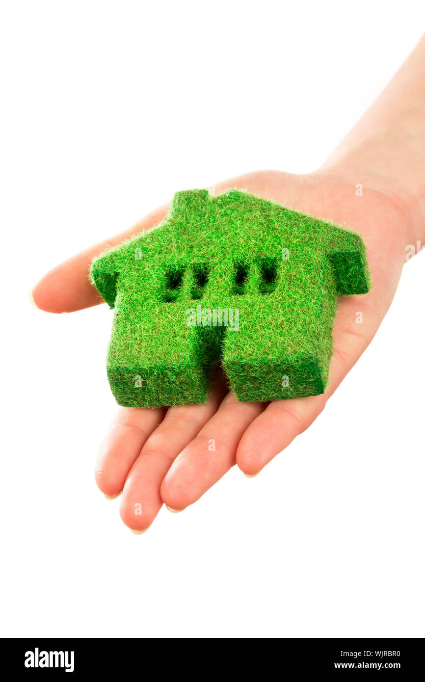 Grass home isolated on white background in human hands Stock Photo - Alamy